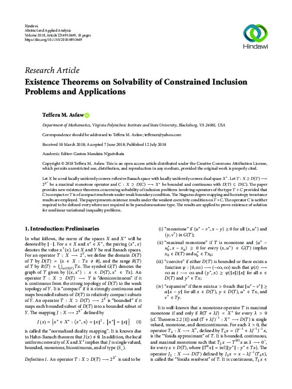 (PDF) Existence Theorems for Inclusion Problems