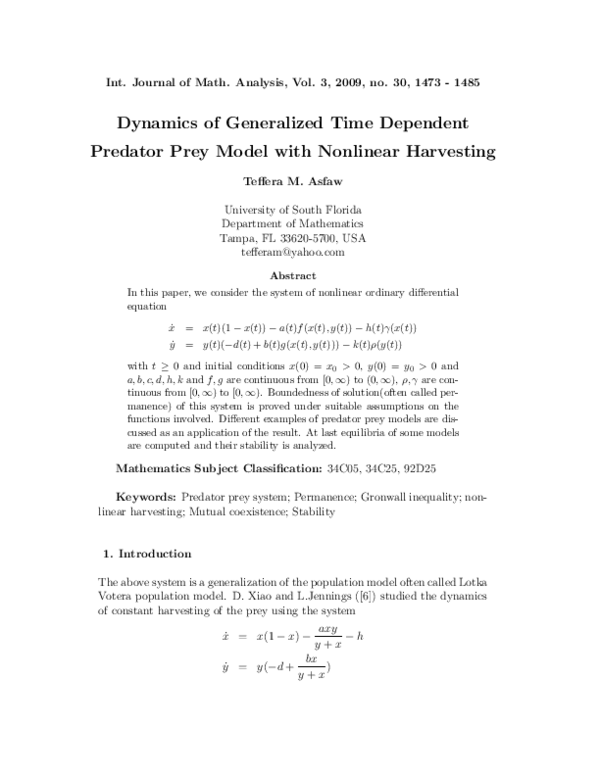 (PDF) Dynamics of Generalized Time Dependent Predator Prey Model with Nonlinear Harvesting