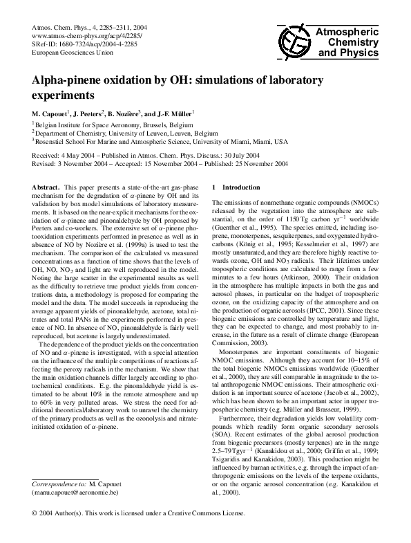 (PDF) Alpha-pinene oxidation by OH: simulations of laboratory experiments