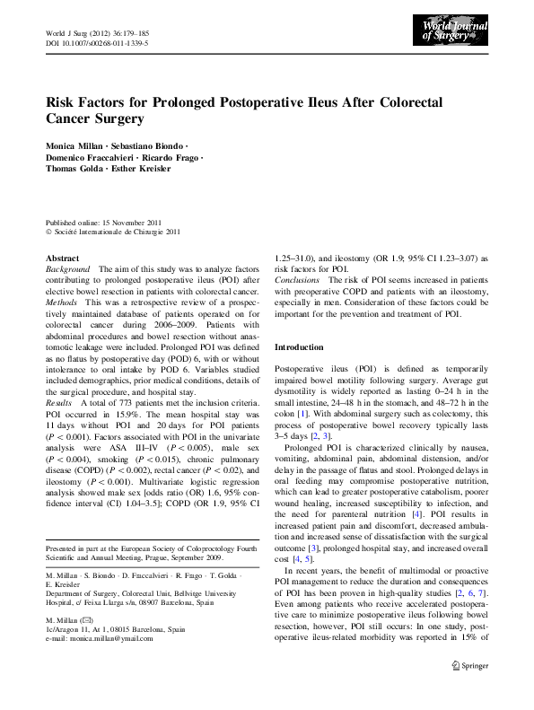 (PDF) Risk Factors for Prolonged Postoperative Ileus After Colorectal ...