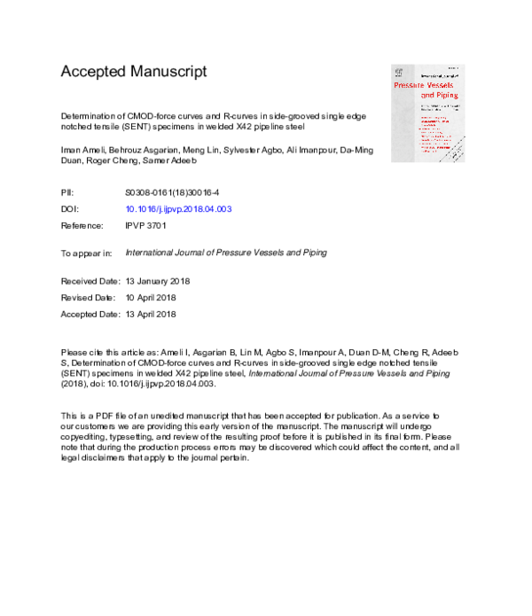 Pdf Determination Of Cmod Force Curves And R Curves In Side Grooved