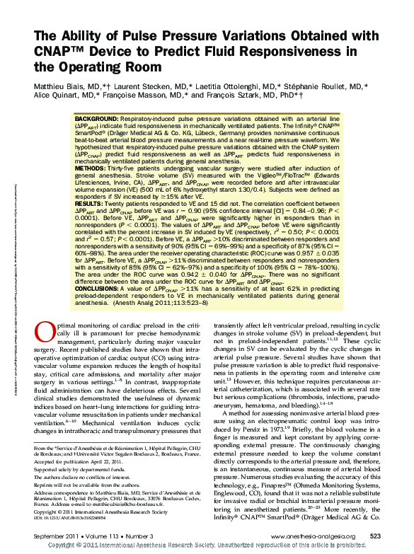 (PDF) The Ability of Pulse Pressure Variations Obtained with CNAP™ Device to Predict Fluid ...
