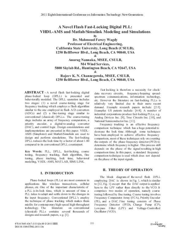 (PDF) A Novel Flash Fast-Locking Digital PLL: VHDL-AMS and Matlab/Simulink Modeling and Simulations