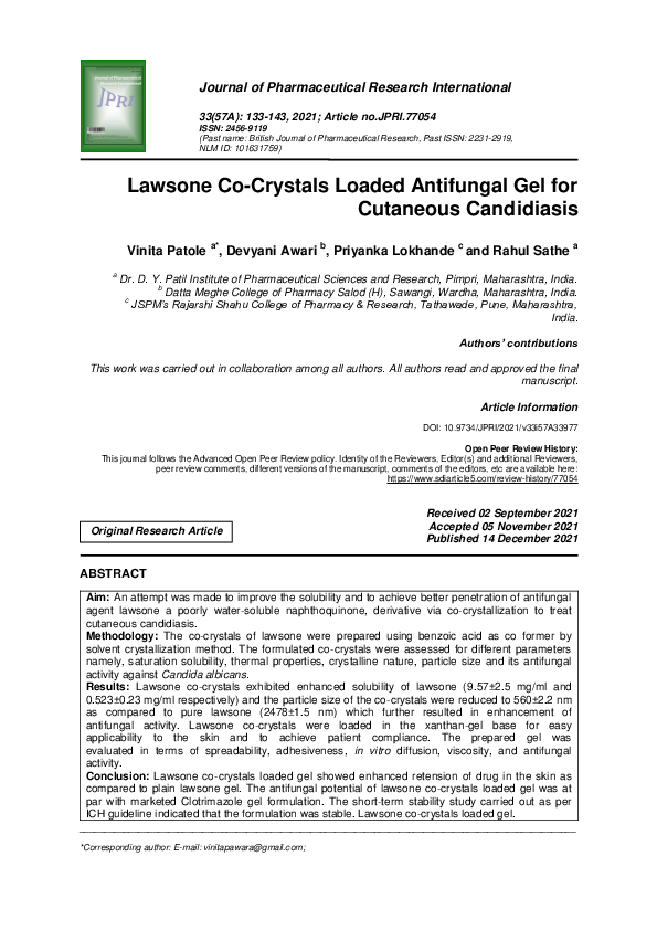 (PDF) Lawsone Co-Crystals Loaded Antifungal Gel for Cutaneous Candidiasis
