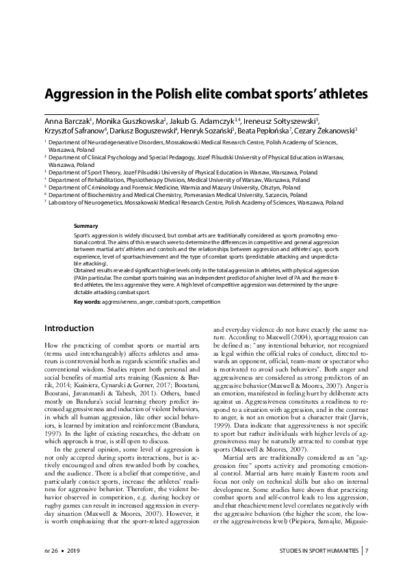 (PDF) Aggression in the Polish elitecombat sports’ athletes
