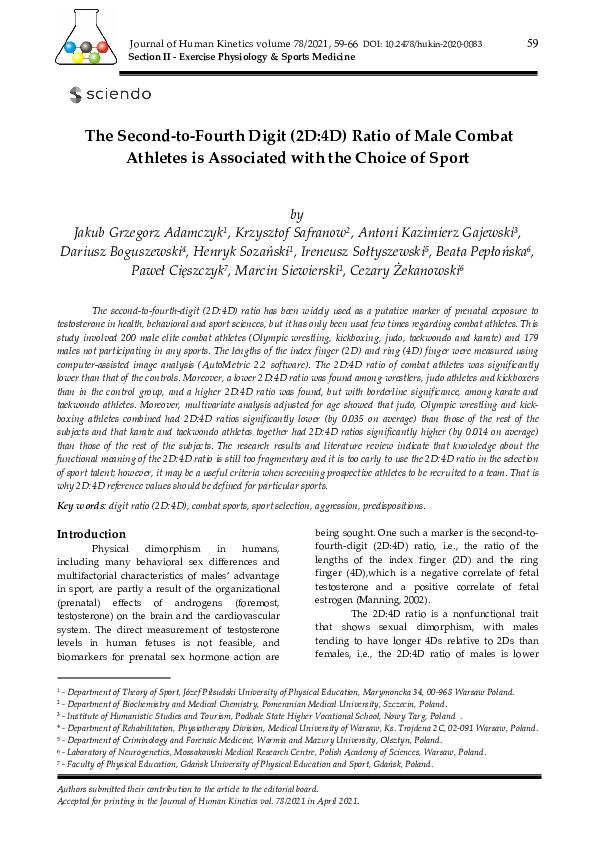 The Second‐to‐Fourth Digit (2D:4D) Ratio of Male Combat Athletes is ...