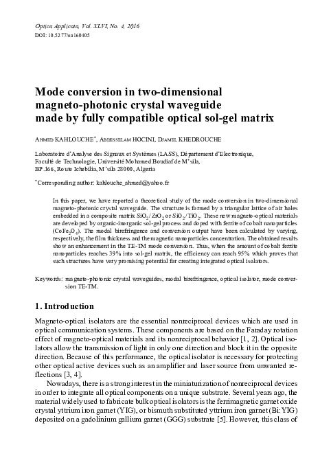 (PDF) Mode conversion in two-dimensional magneto-photonic crystal waveguide made by fully ...