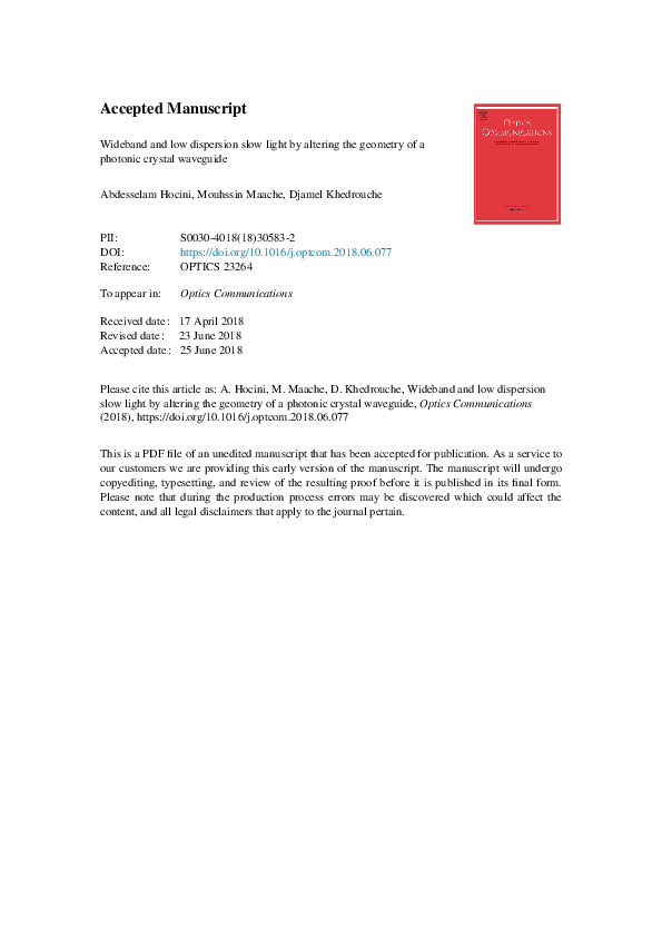 (PDF) Wideband and low dispersion slow light by altering the geometry of a photonic crystal ...