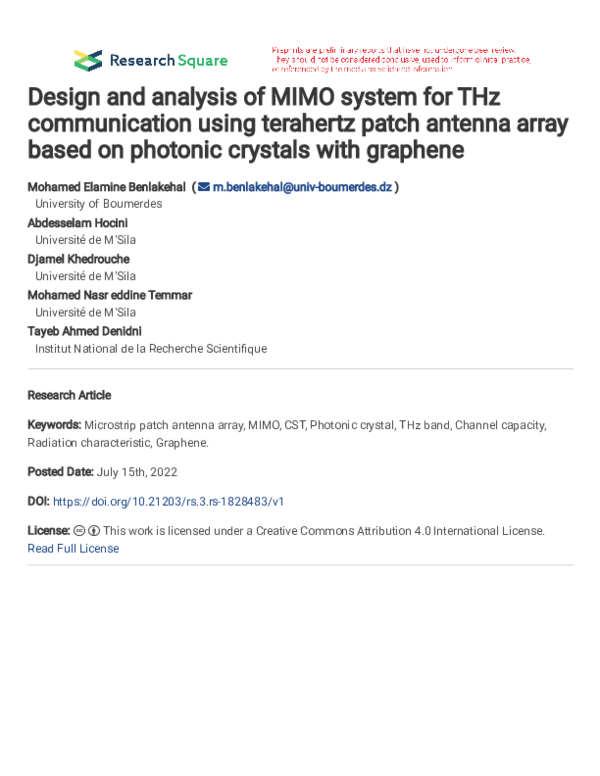 (PDF) Design and analysis of MIMO system for THz communication using terahertz patch antenna ...