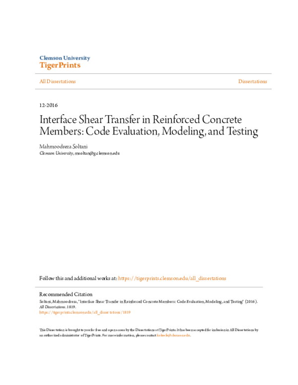 (PDF) Interface Shear Transfer in Reinforced Concrete Members: Code ...