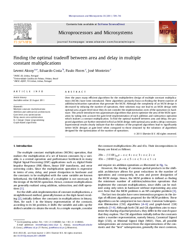 Pdf Finding The Optimal Tradeoff Between Area And Delay In Multiple Constant Multiplications 