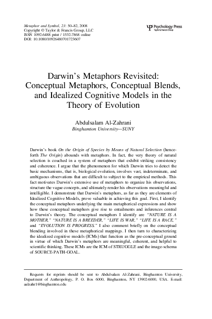 (PDF) Darwin's Metaphors Revisited: Conceptual Metaphors, Conceptual Blends, and Idealized ...