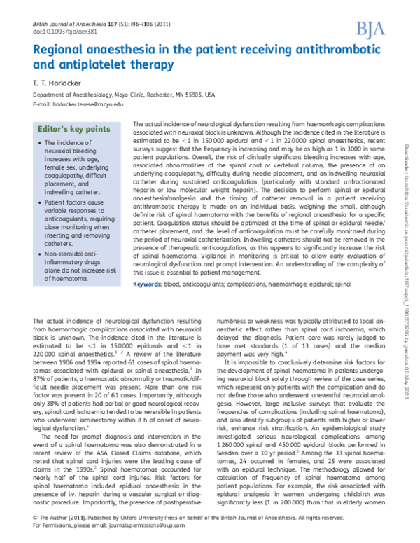 (PDF) Regional anaesthesia in the patient receiving antithrombotic and antiplatelet therapy ...