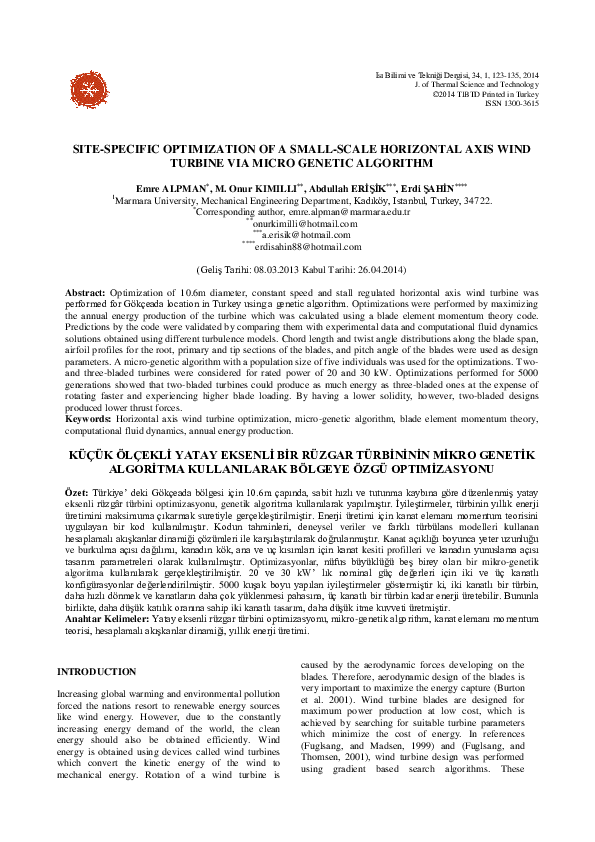 Pdf Site Specific Optimization Of A Small Scale Horizontal Axis Wind Turbine Via Micro Genetic