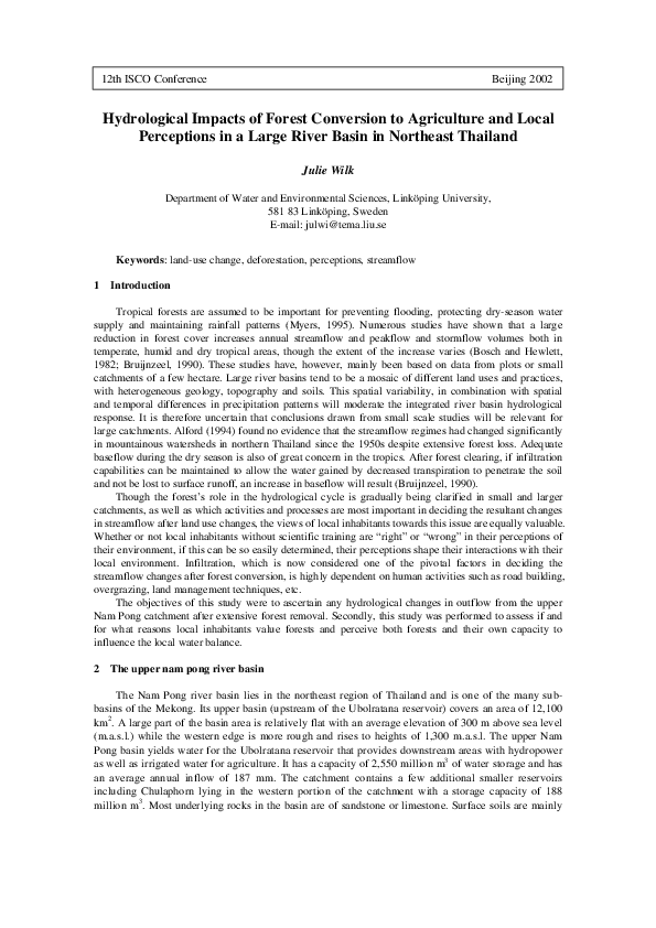 (PDF) Hydrological impacts of forest conversion to agriculture in a ...
