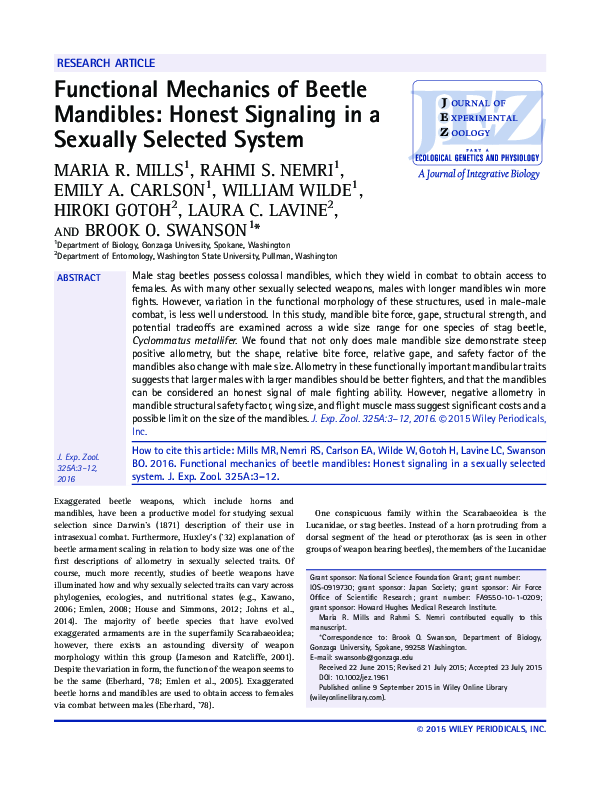 (PDF) Functional mechanics of beetle mandibles: Honest signaling in a ...