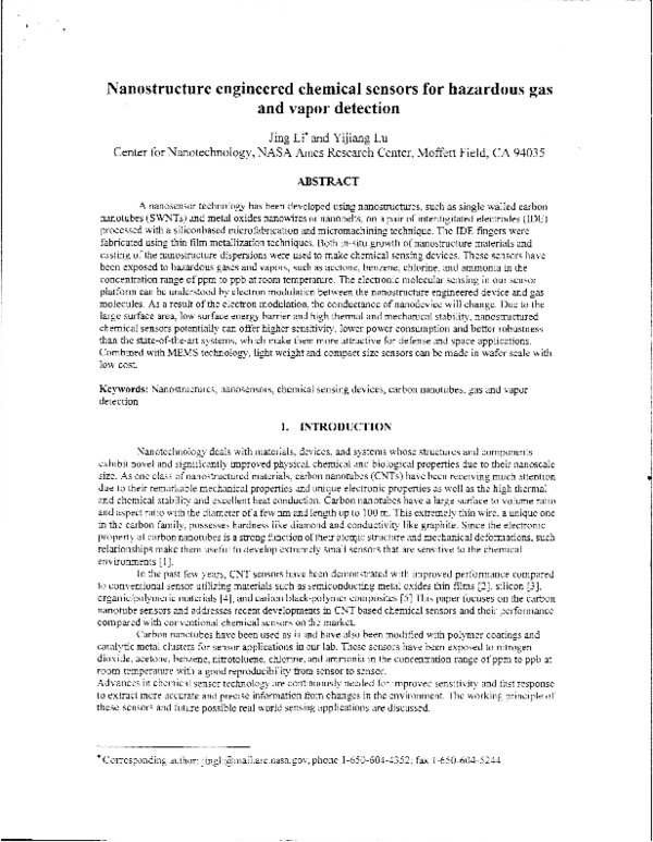 (PDF) Nanostructure-engineered chemical sensors for hazardous gas and vapor detection