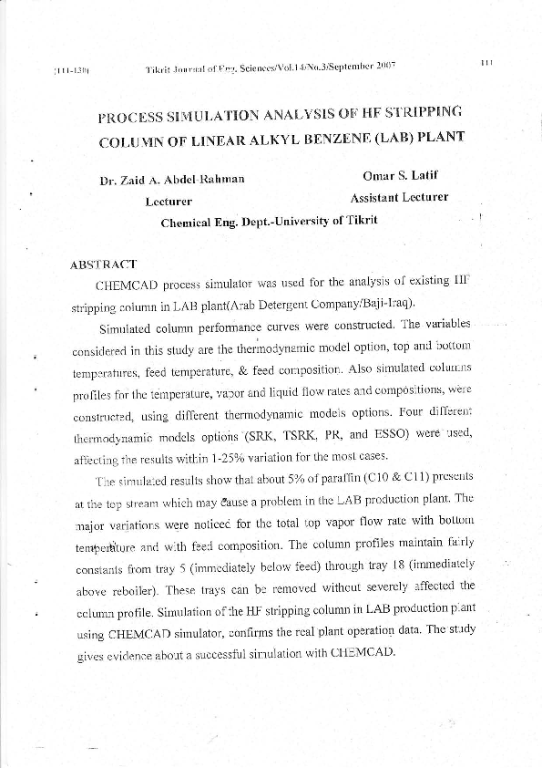 (PDF) Process Simulation Analysis of Hf Stripping Column of Linear Alkyl Benzene (Lab) Plant ...