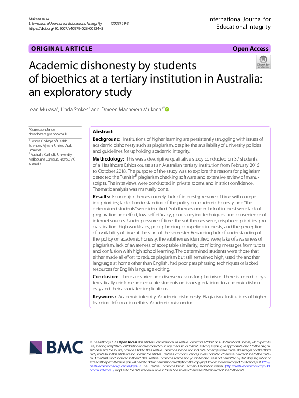 (PDF) Academic dishonesty by students of bioethics at a tertiary ...