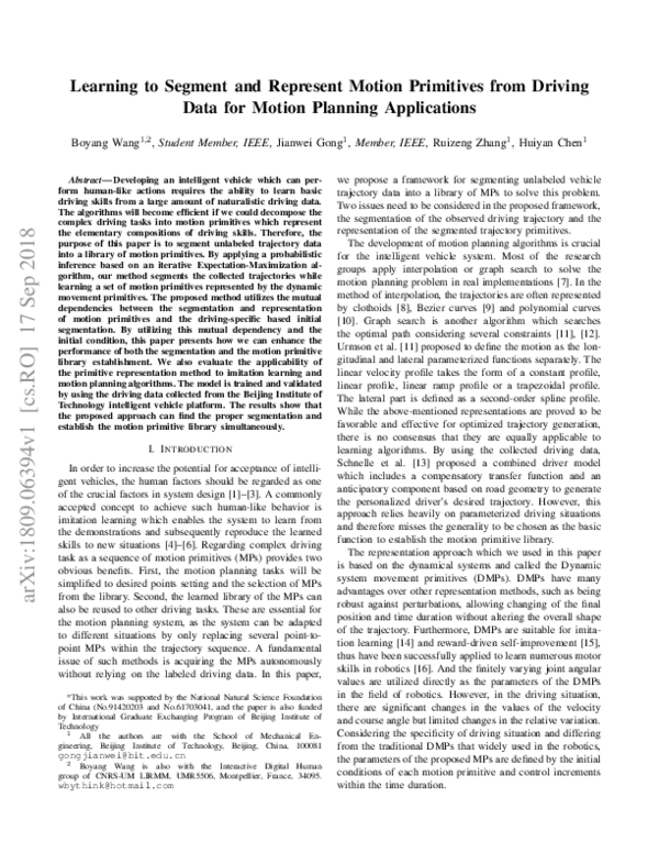 Pdf Learning To Segment And Represent Motion Primitives From Driving Data For Motion Planning