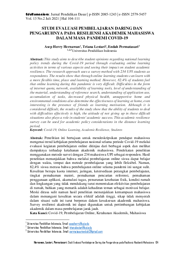 (PDF) Studi Evaluasi Pembelajaran Daring Dan Pengaruhnya Pada Resiliensi Akademik Mahasiswa ...