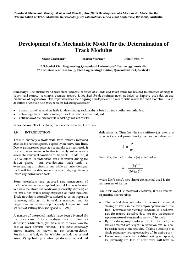 (PDF) Development of a Mechanistic Model for the Determination of Track ...