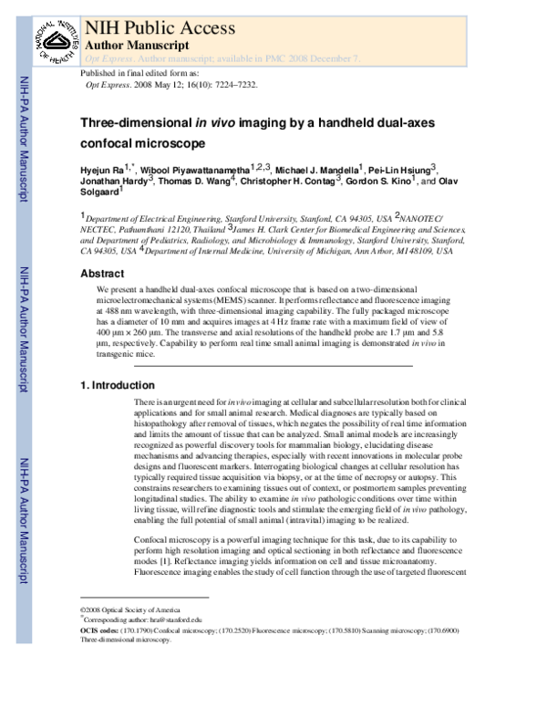 (PDF) Three-dimensional in vivo imaging by a handheld dual-axes confocal microscope