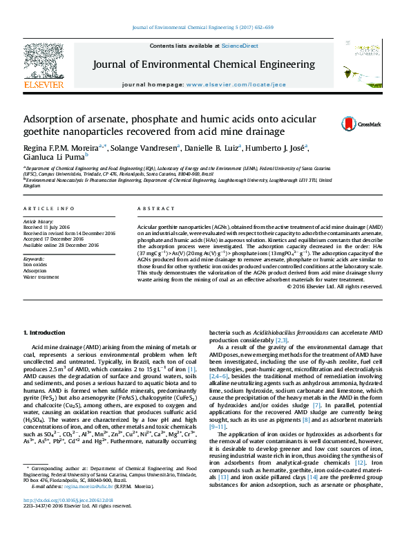 (PDF) Adsorption of arsenate, phosphate and humic acids onto acicular ...