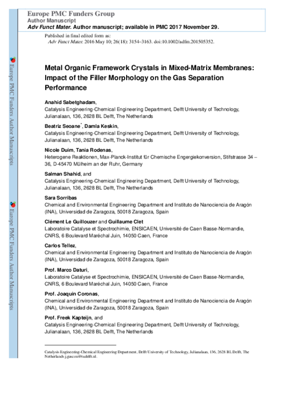 (PDF) Metal Organic Framework Crystals in Mixed-Matrix Membranes: Impact of the Filler ...