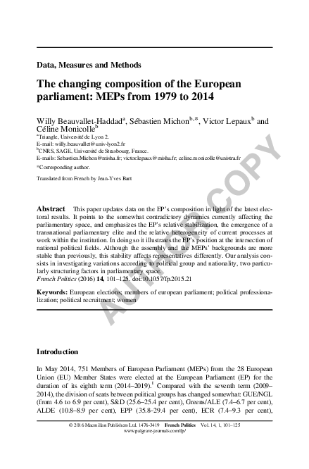 (PDF) The changing composition of the European parliament: MEPs from ...