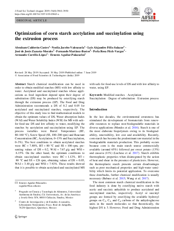 (PDF) Optimization of corn starch acetylation and succinylation using the extrusion process