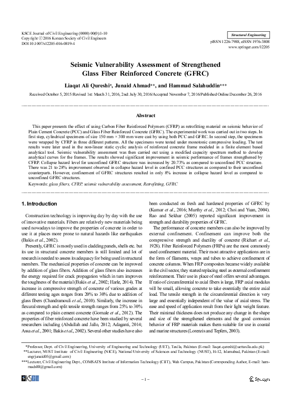 Pdf Seismic Vulnerability Assessment Of Strengthened Glass Fiber Reinforced Concrete Gfrc