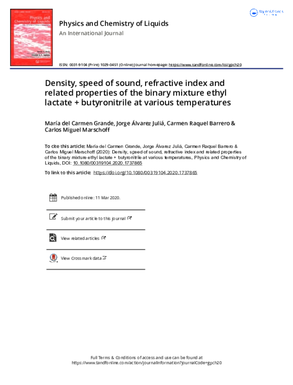 (PDF) Density, speed of sound, refractive index and related properties ...