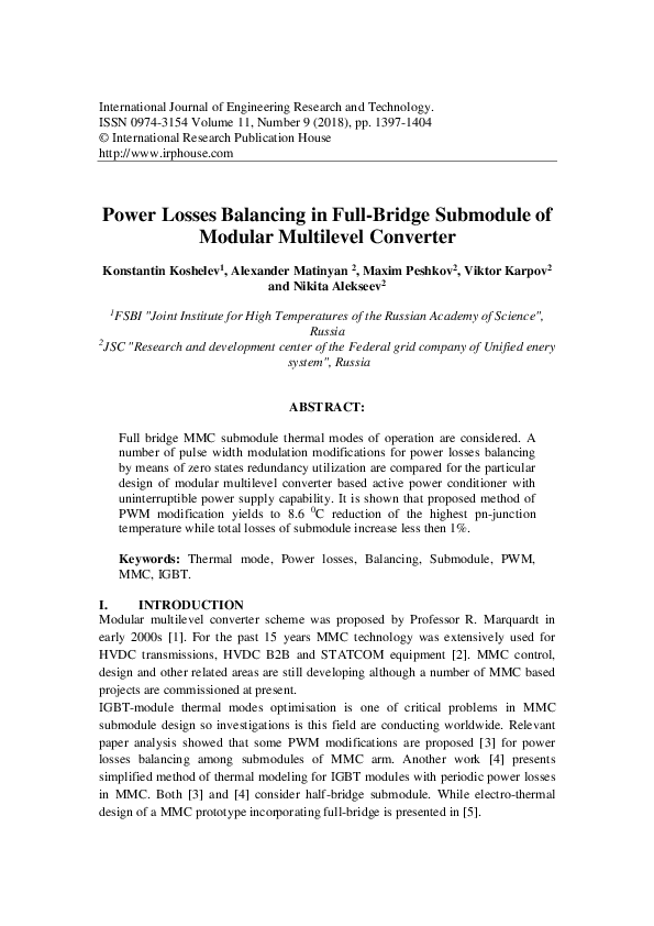 Power Losses Balancing In Full Bridge Submodule Of Modular Multilevel
