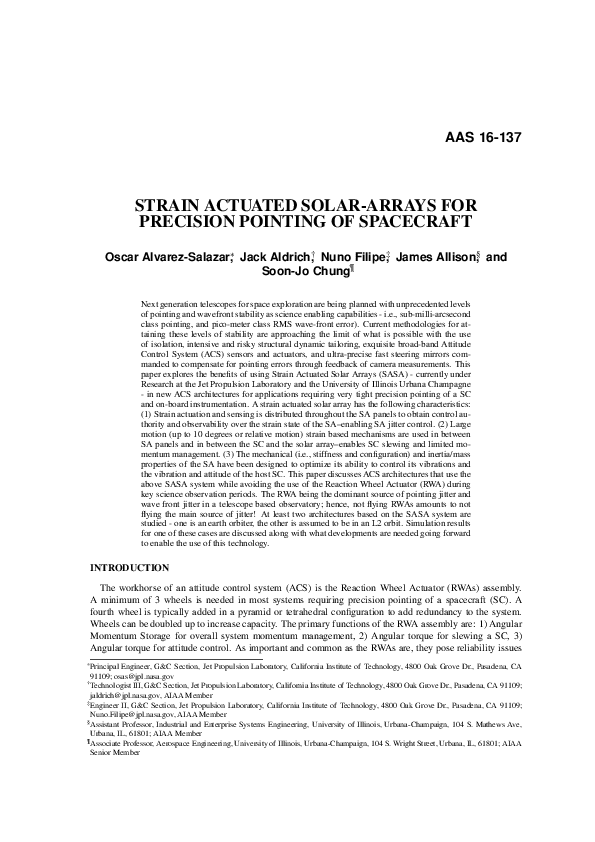 Pdf Strain Actuated Solar Arrays For Precision Pointing Of Spacecraft