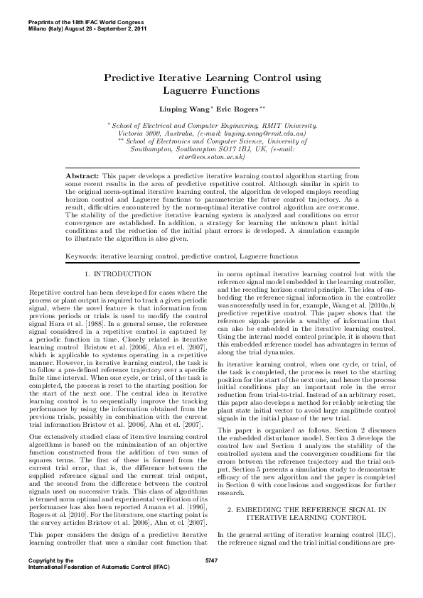 (PDF) Predictive Iterative Learning Control Using Laguerre Functions
