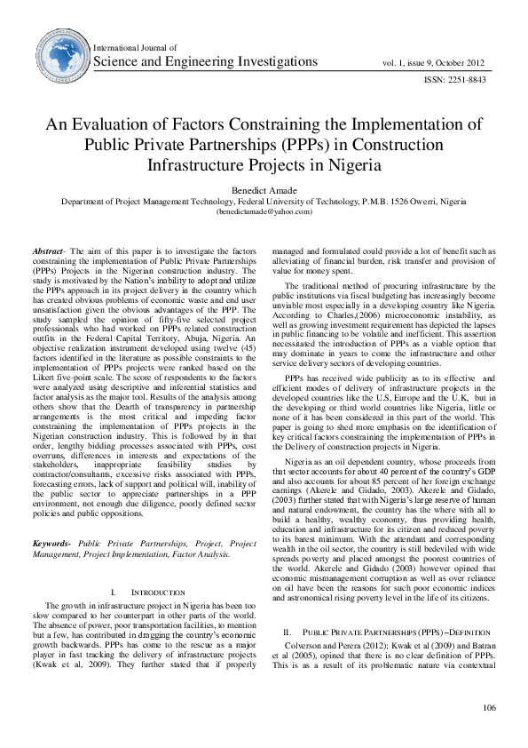 (PDF) An Evaluation of Factors Constraining the Implementation of Public Private Partnerships ...