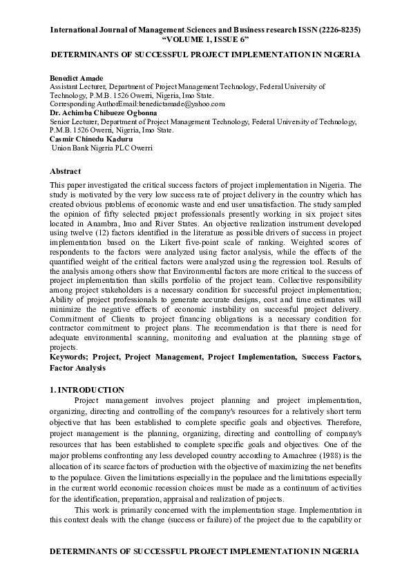 (PDF) Determinants of Successful Project Implementation in Nigeria