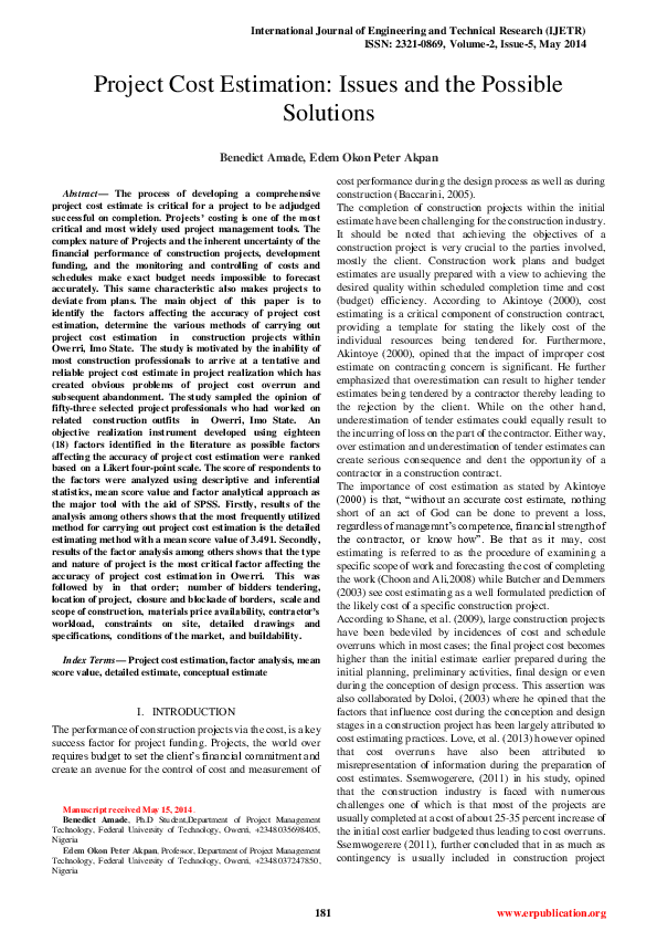 (PDF) Project Cost Estimation: Issues and the Possible Solutions
