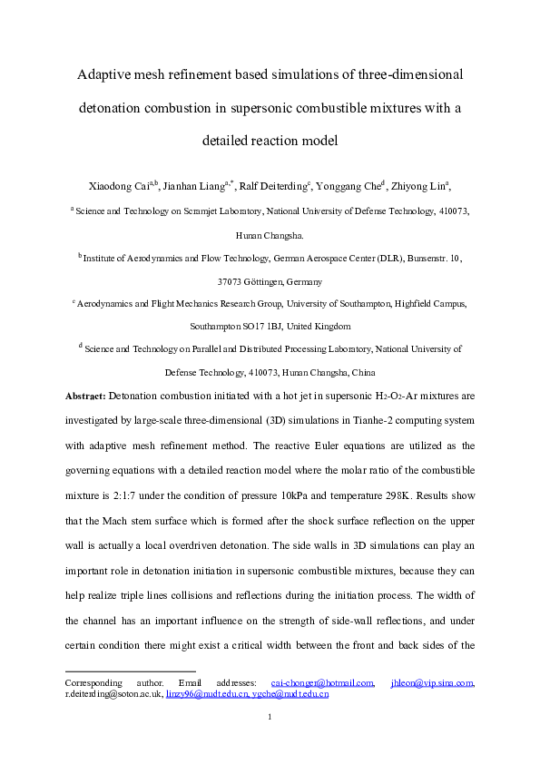 (PDF) Adaptive mesh refinement based simulations of three-dimensional detonation combustion in ...