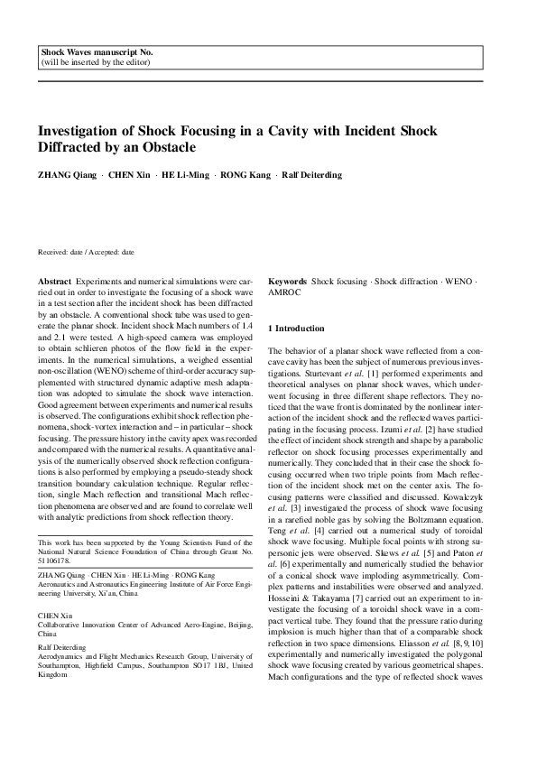(PDF) Investigation of shock focusing in a cavity with incident shock ...