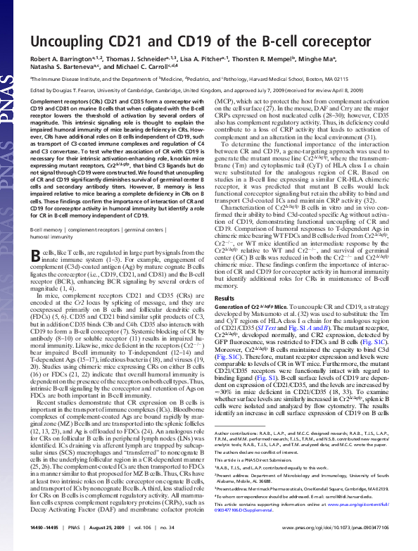 (PDF) Uncoupling CD21 and CD19 of the B-cell coreceptor
