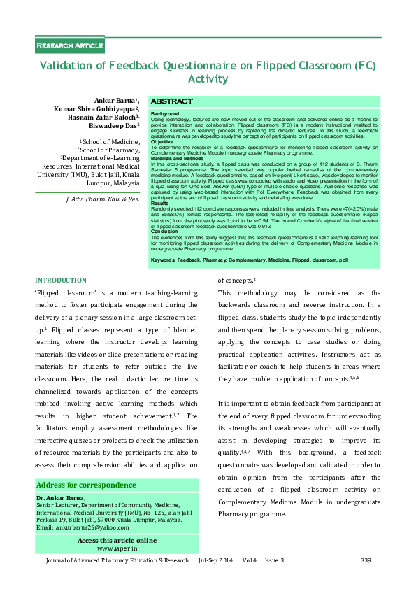 (PDF) Validation of Feedback Questionnaire on Flipped Classroom (FC ...