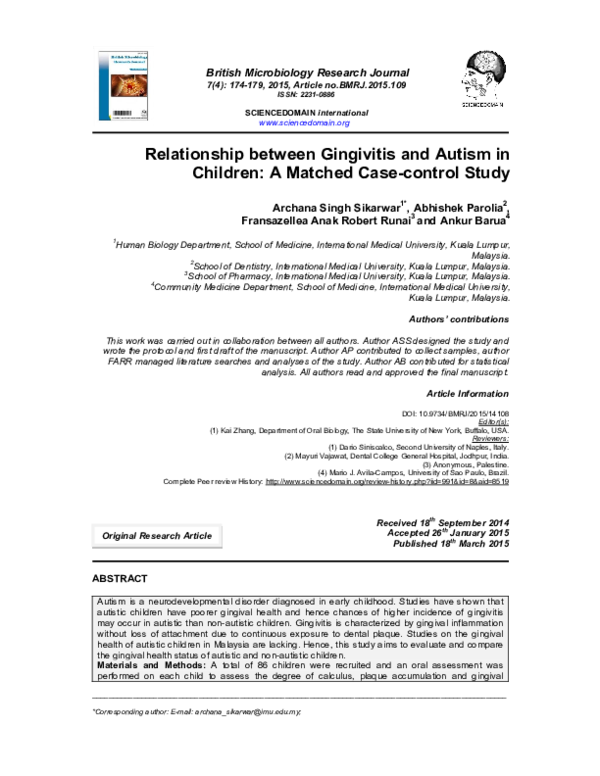(PDF) Relationship between Gingivitis and Autism in Children: A Matched ...