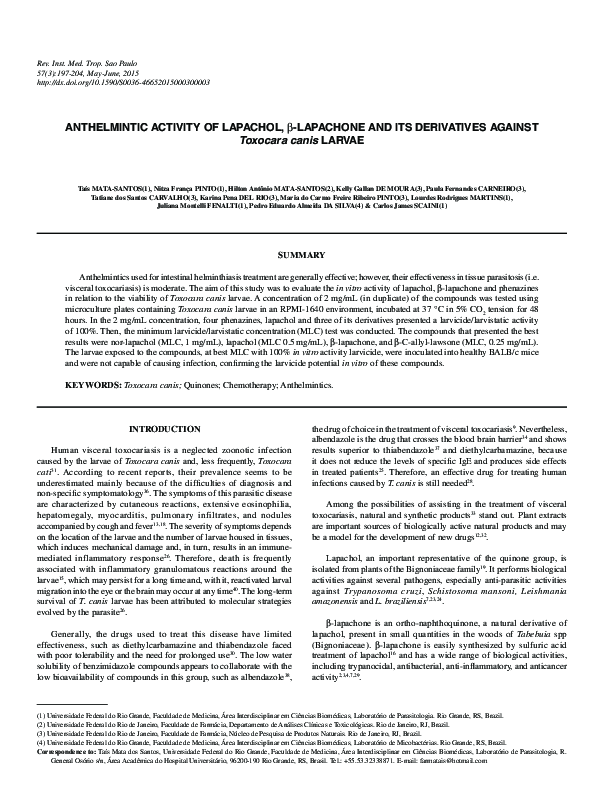 (PDF) ANTHELMINTIC ACTIVITY OF LAPACHOL, β-LAPACHONE AND ITS ...