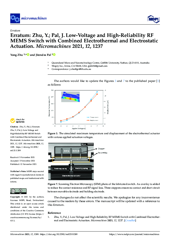 Pdf Erratum Zhu Y Pal J Low Voltage And High Reliability Rf Mems Switch With Combined