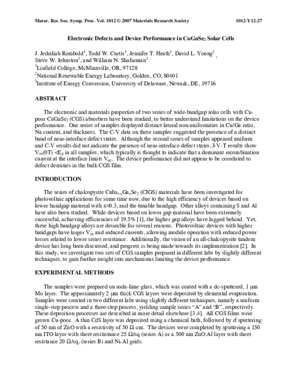 (PDF) Electronic Defects and Device Performance in CuGaSe2 Solar Cells