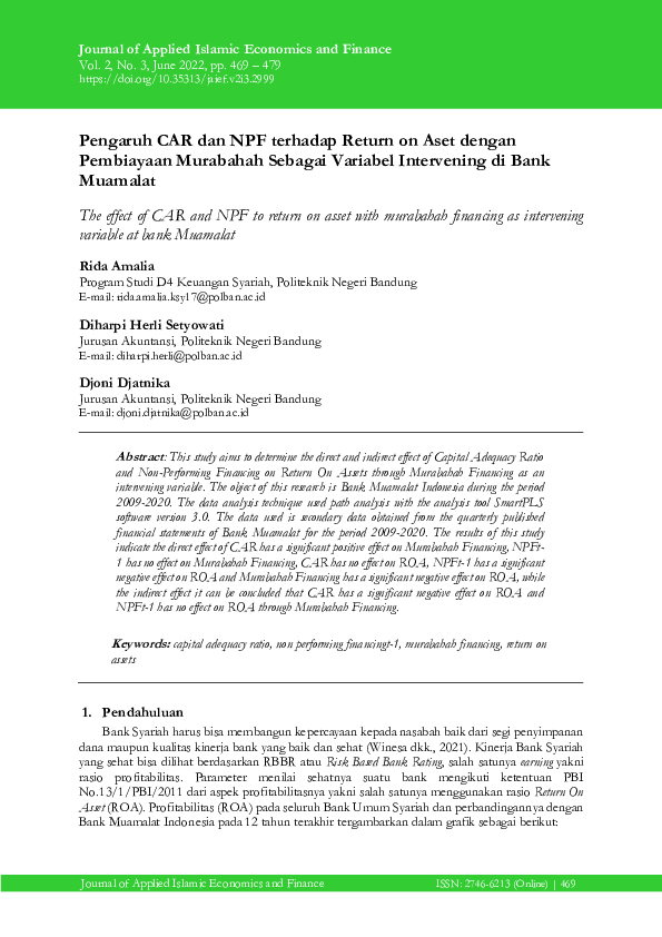 (PDF) Pengaruh CAR dan NPF terhadap Return on Aset dengan Pembiayaan ...