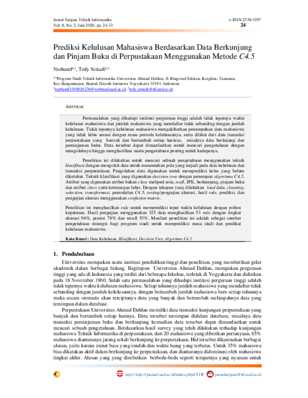 (PDF) Prediksi Kelulusan Mahasiswa Berdasarkan Data Berkunjung dan Pinjam Buku di Perpustakaan ...