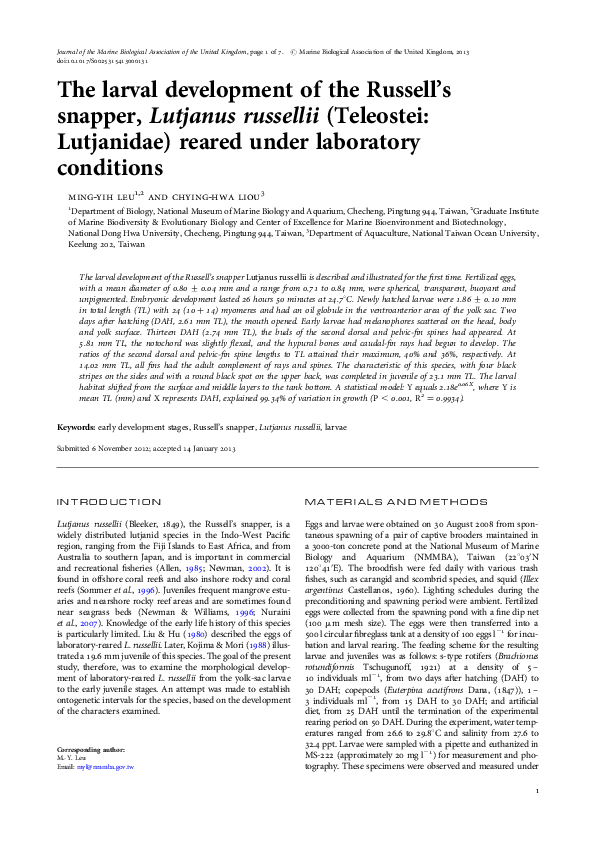 (PDF) The larval development of the Russell's snapper,Lutjanus ...